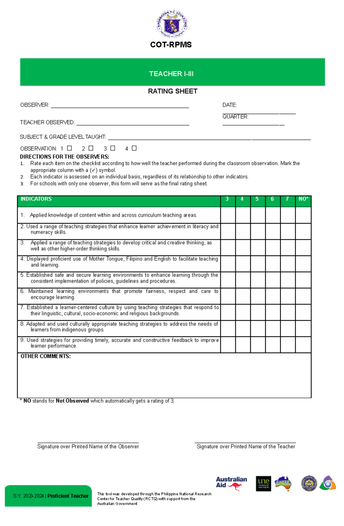 Official Cot Rpms Rating Sheet For Mt I Iv For Sy 2022 2023 2023 2024class Of 2024 Light Up Letters