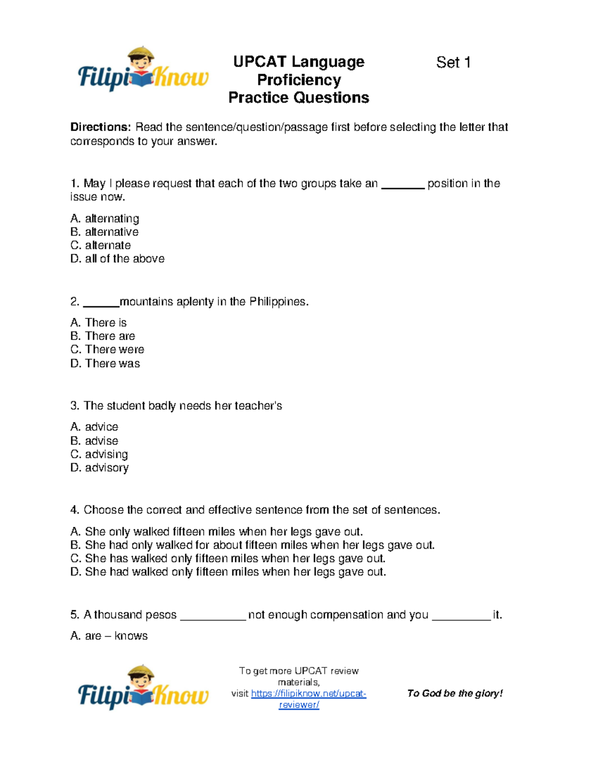Upcat Language Proficiency Practice Questions Set 1 - Proficiency ...