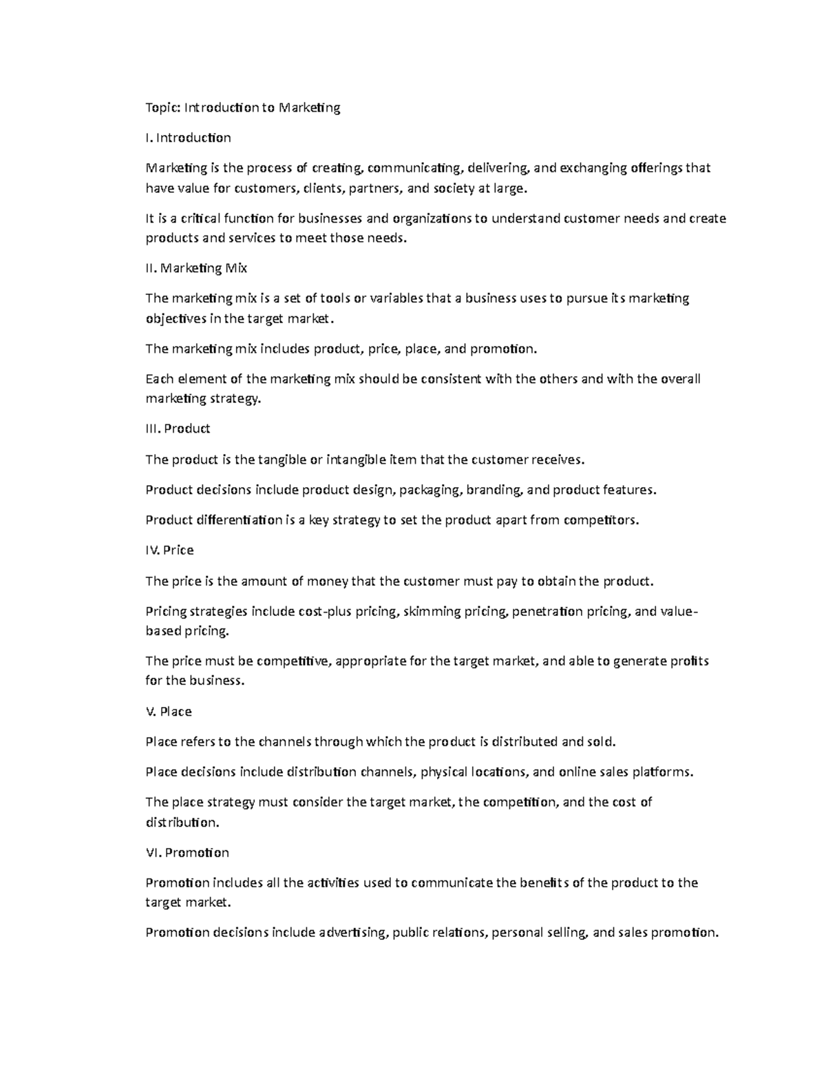 Marketing Lecture Materials - Topic: Introduction to Marketing I ...