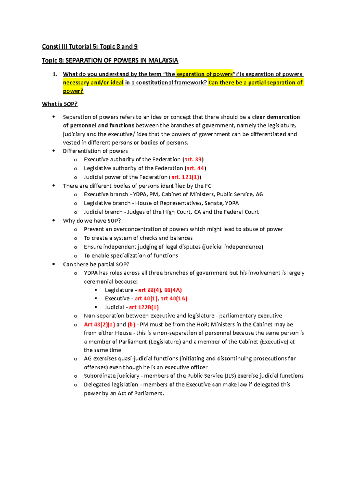 Consti III Tutorial 5 Topic 8 and 9 - Consti III Tutorial 5: Topic 8 and 9 Topic 8: SEPARATION ...