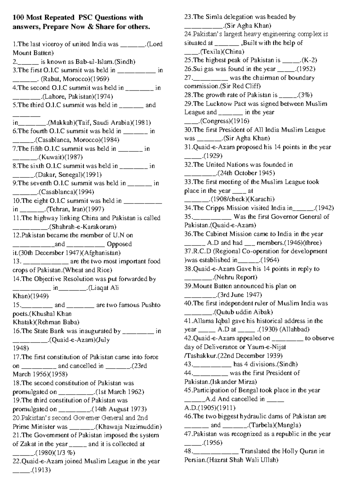 100 repeated questions of P - 100 Most Repeated PSC Questions with ...