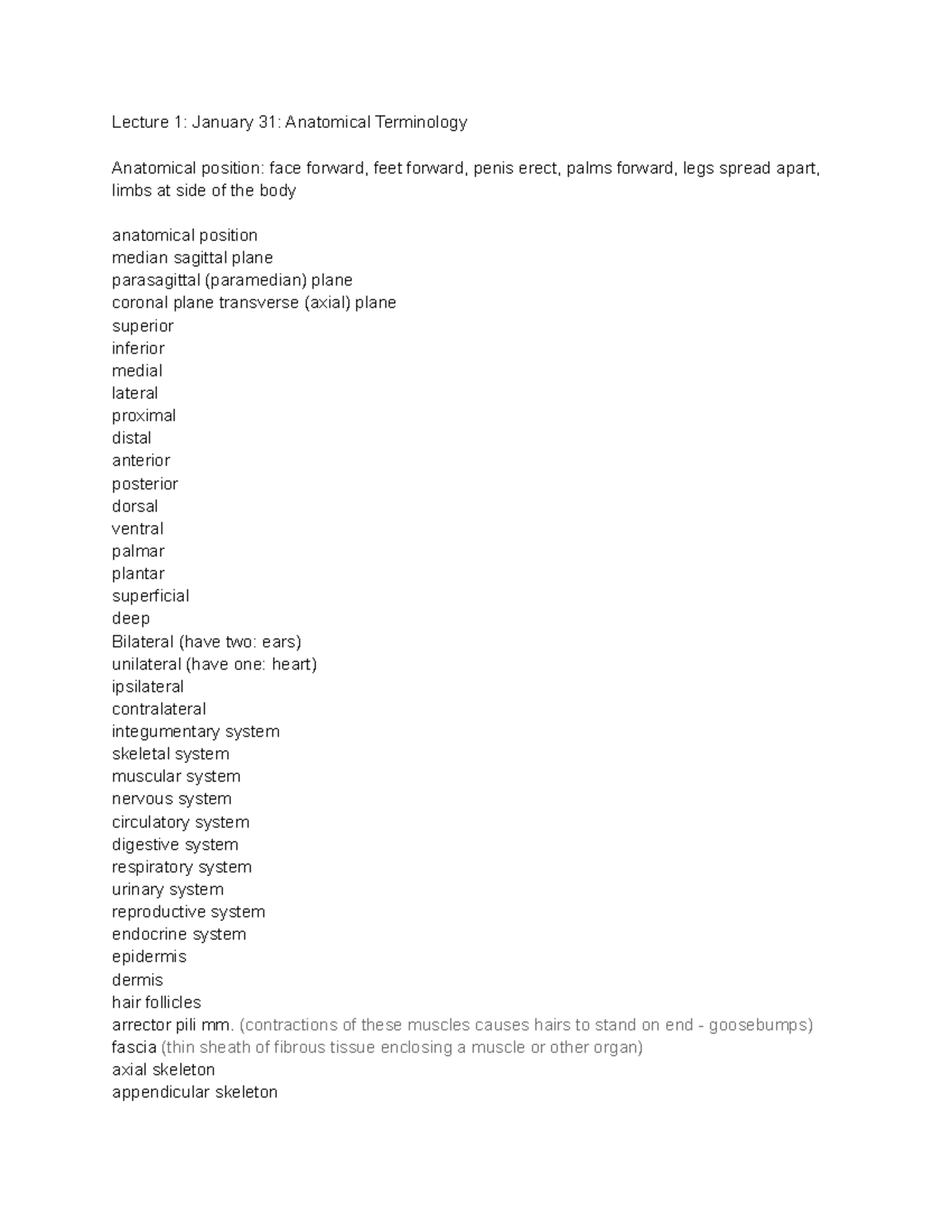 Human Anatomy - Terms Objective Checklist - Lecture 1: January 31 ...