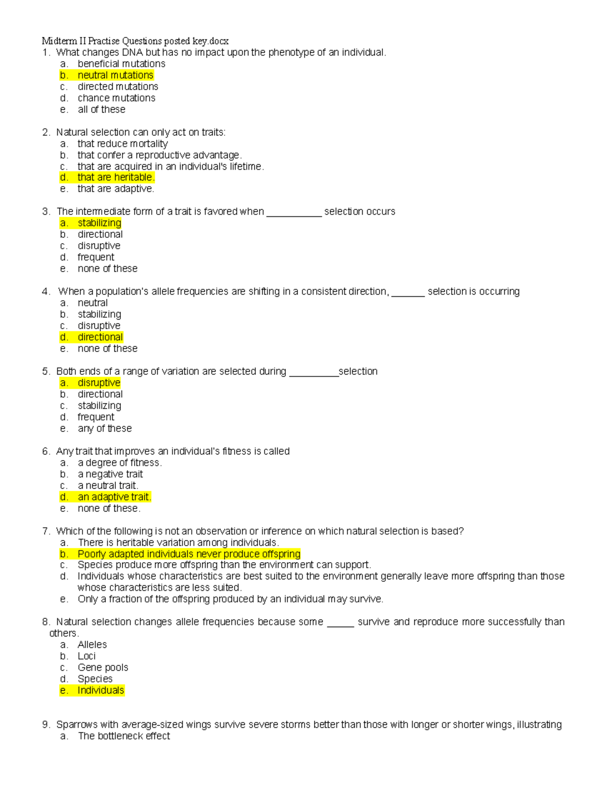 Midterm II Practise Questions (Key) - What changes DNA but has no impact upon the phenotype of ...