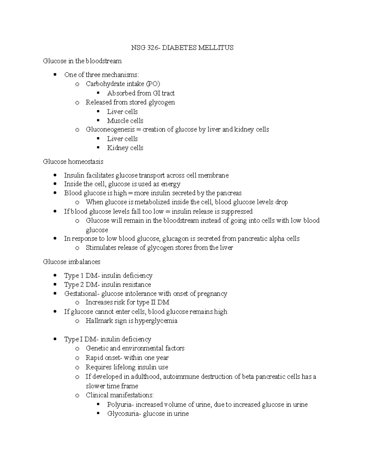 Diabetes mellitus notes - NSG 326 - UNC Wilmington - Studocu