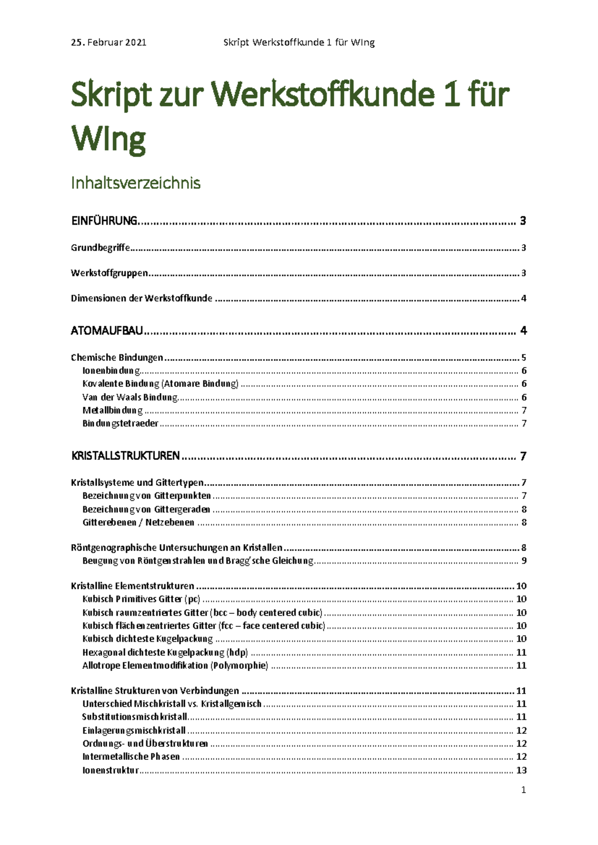 Skript zur Werkstoffkunde für Wing 1 ##Studydrive - Skript zur Werkstoffkunde 1 für WIng - Studocu