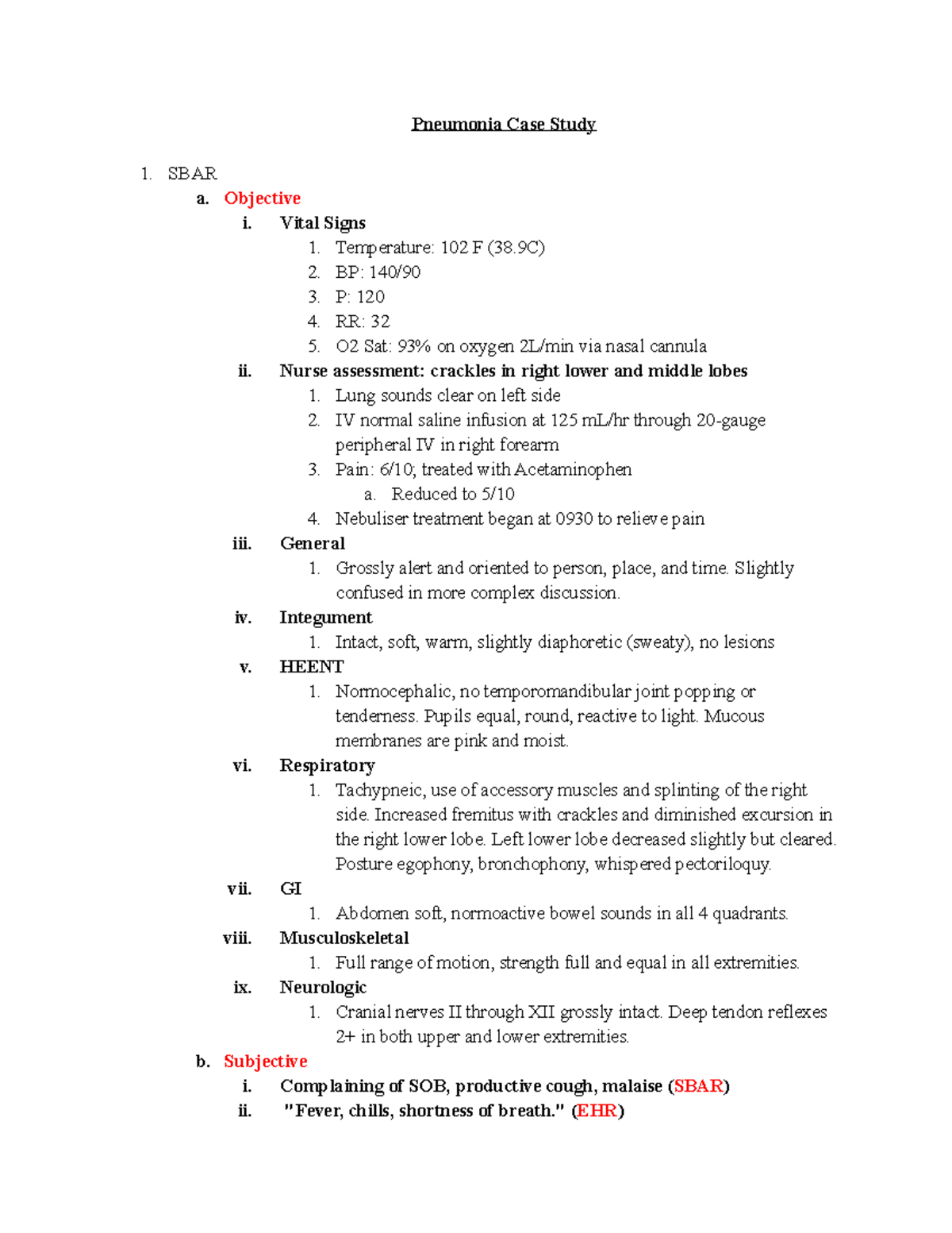 Pharm Assignment - Pneumonia Case Study SBAR a. Objective i. Vital ...