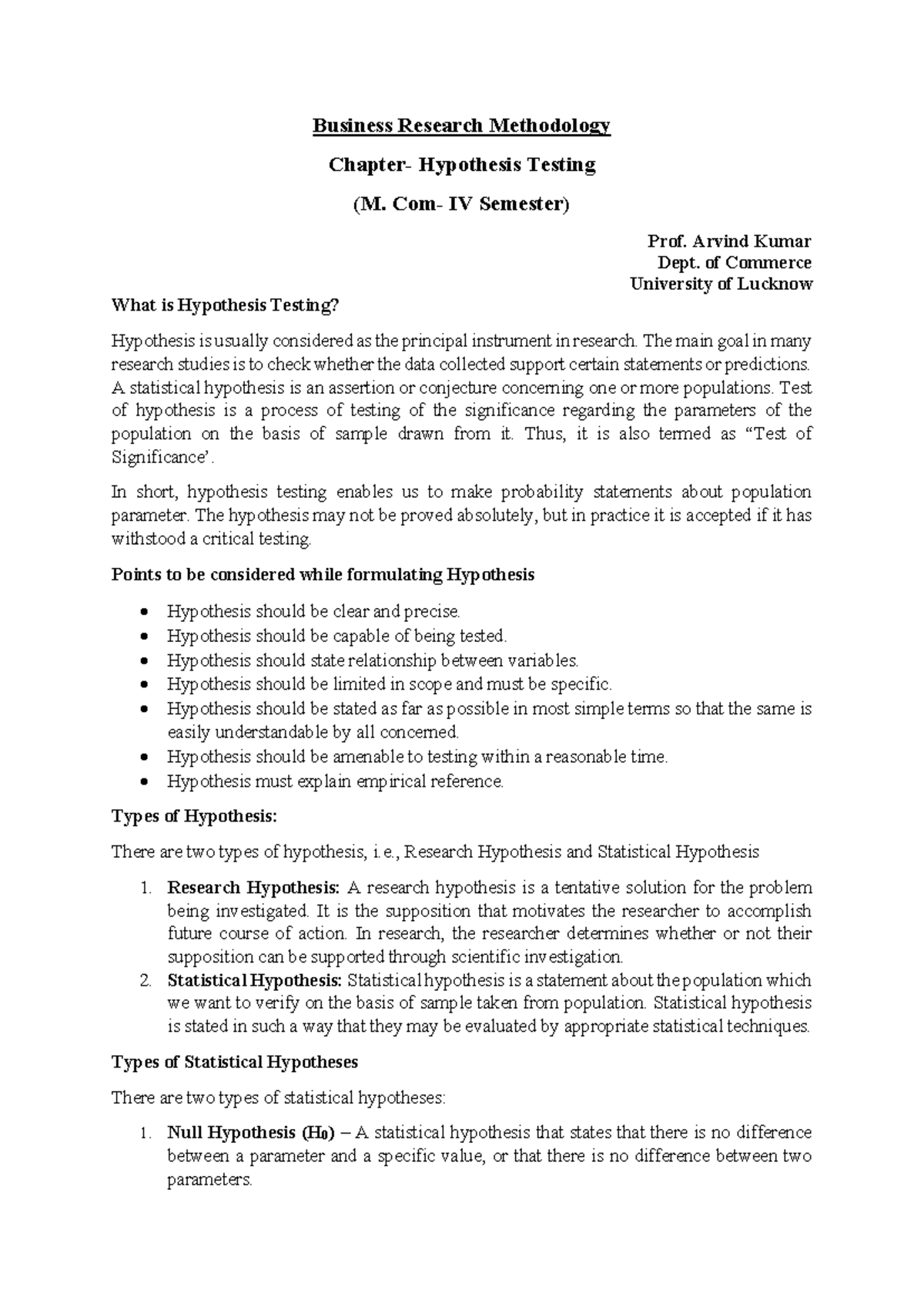 Research hypothesis testing - Business Research Methodology Chapter ...