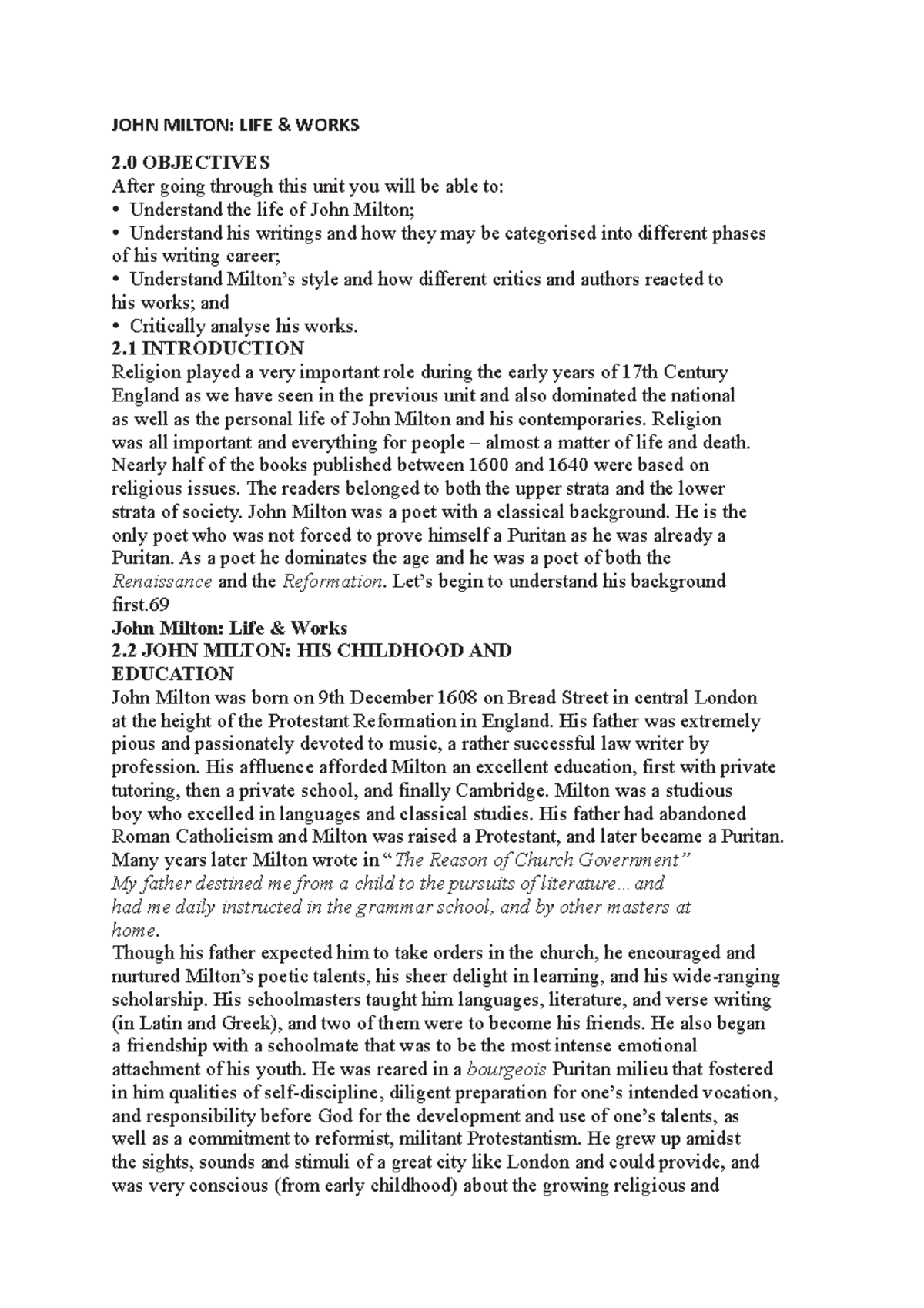 JOHN Milton LIFE AND Works - JOHN MILTON: LIFE & WORKS 2 OBJECTIVES ...