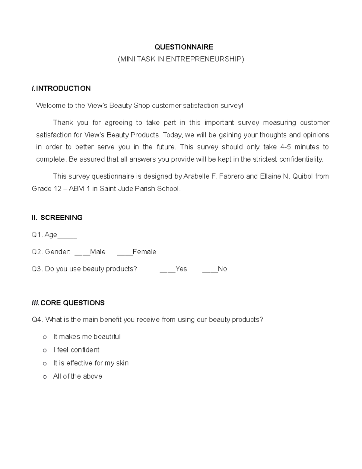 Entrepminitask - QUESTIONNAIRE (MINI TASK IN ENTREPRENEURSHIP) I ...