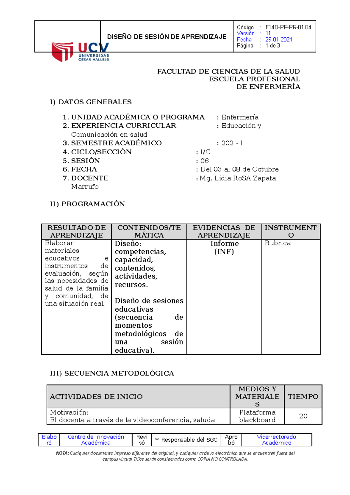 Sesión Aprendizaje 6 - enfermeria - DISEÑO DE SESIÓN DE APRENDIZAJE Código : F14D-PP-PR-01 ...