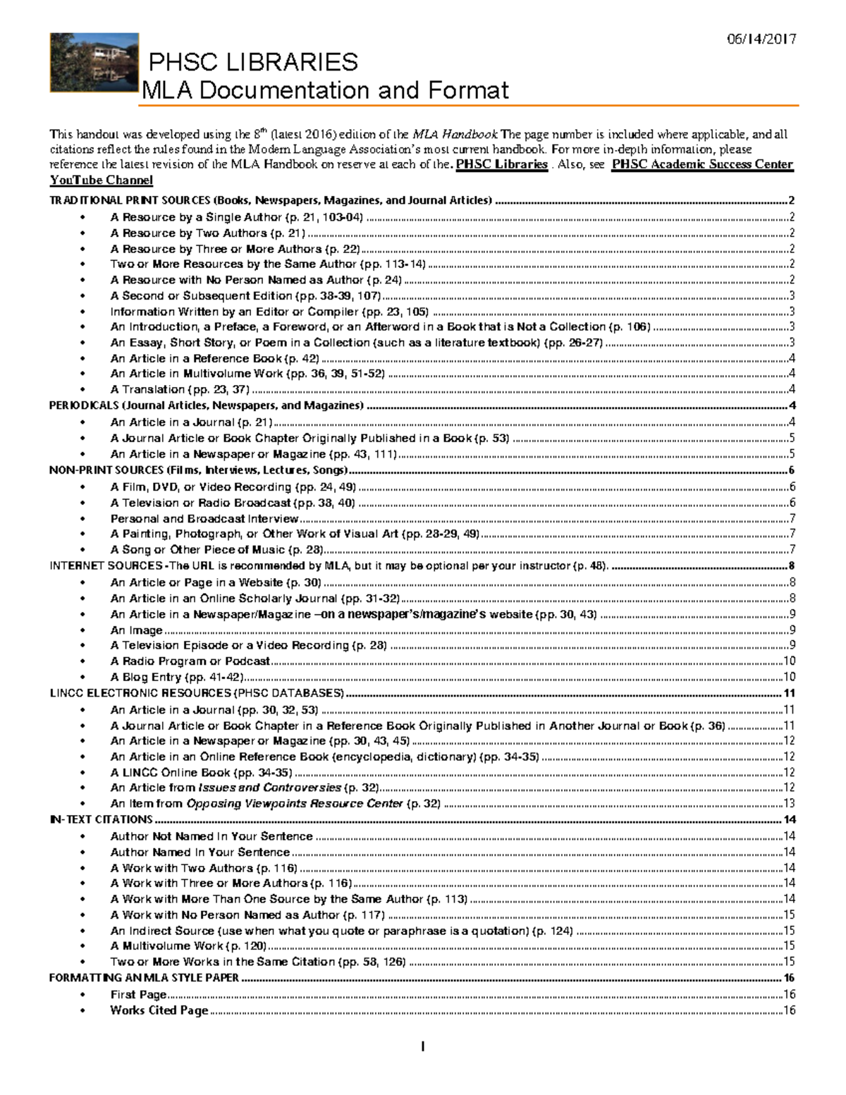 Mlahandout-0614-2017 - PHSC LIBRARIES MLA Documentation and Format This ...