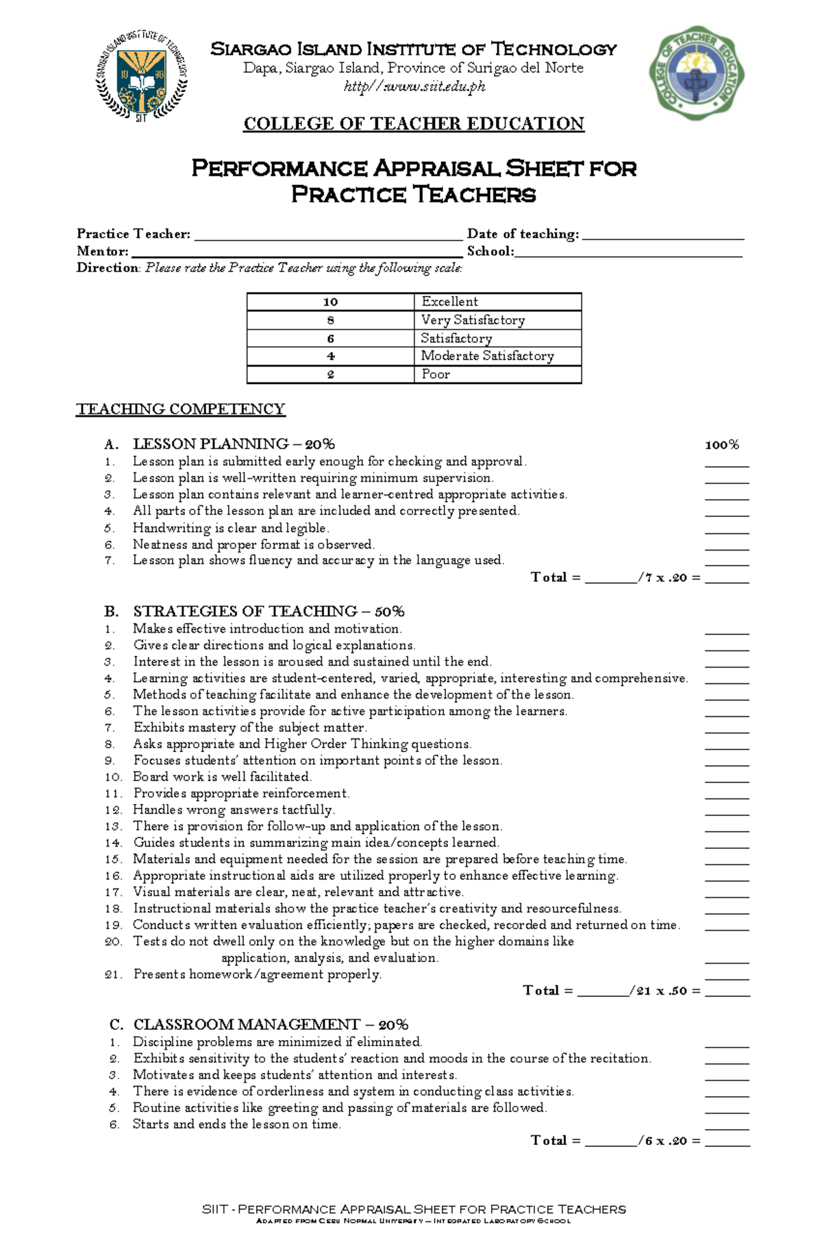 Performance Appraisal Sheet PT - edu COLLEGE OF TEACHER EDUCATION ...