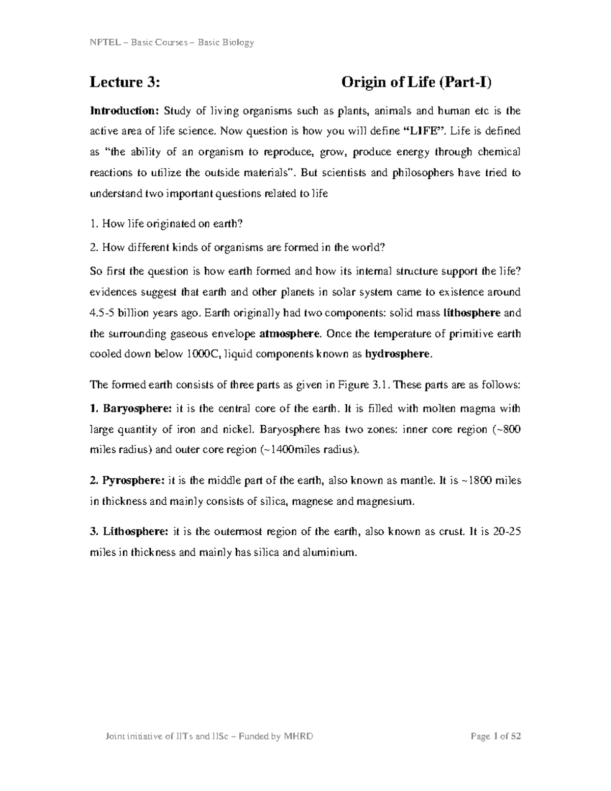 Mod2 - Grade: 12 bio chemistryt - Lecture 3: Origin of Life (Part-I ...