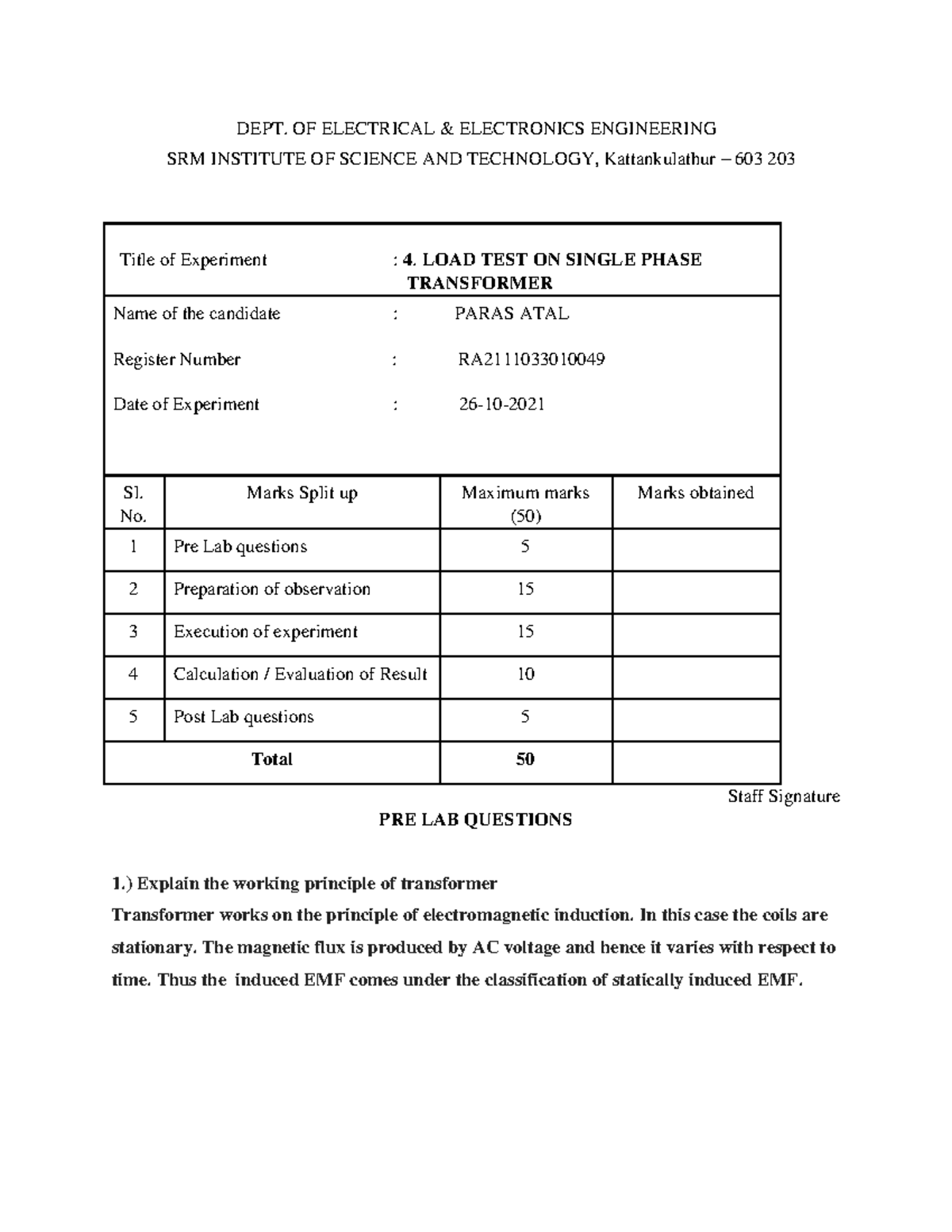 LOAD TEST ON SINGLE PHASE TRANSFORMER - DEPT. OF ELECTRICAL ...