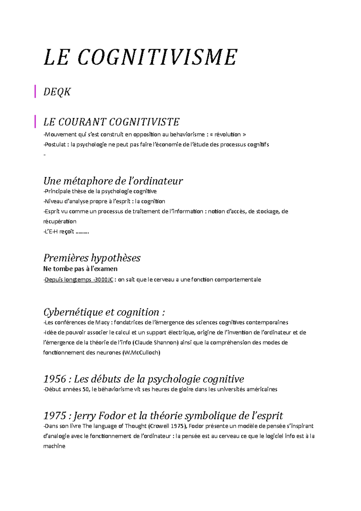 Le cognitivisme, Psychologie L1, travaux dirigés - LE COGNITIVISME DEQK ...