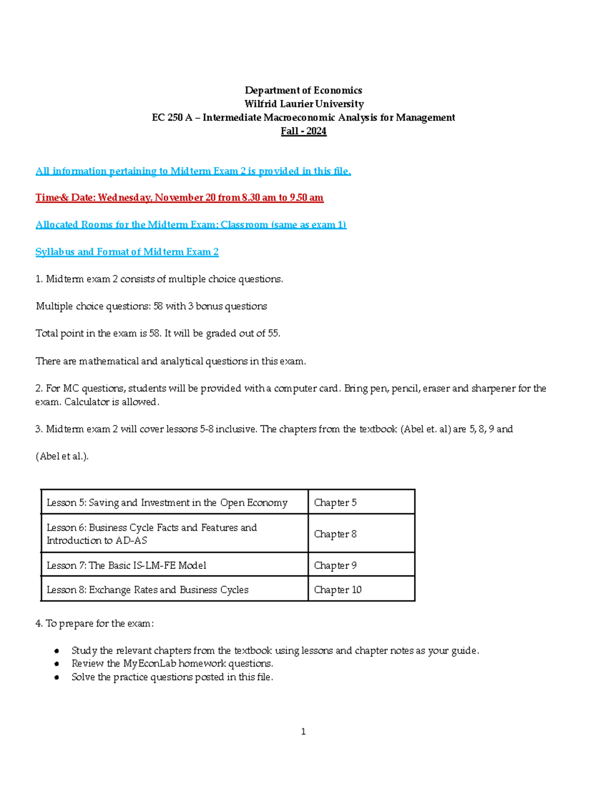 Syllabus, Procedure and Practice Questions for Midterm Exam 2 - Department of Economics Wilfrid ...