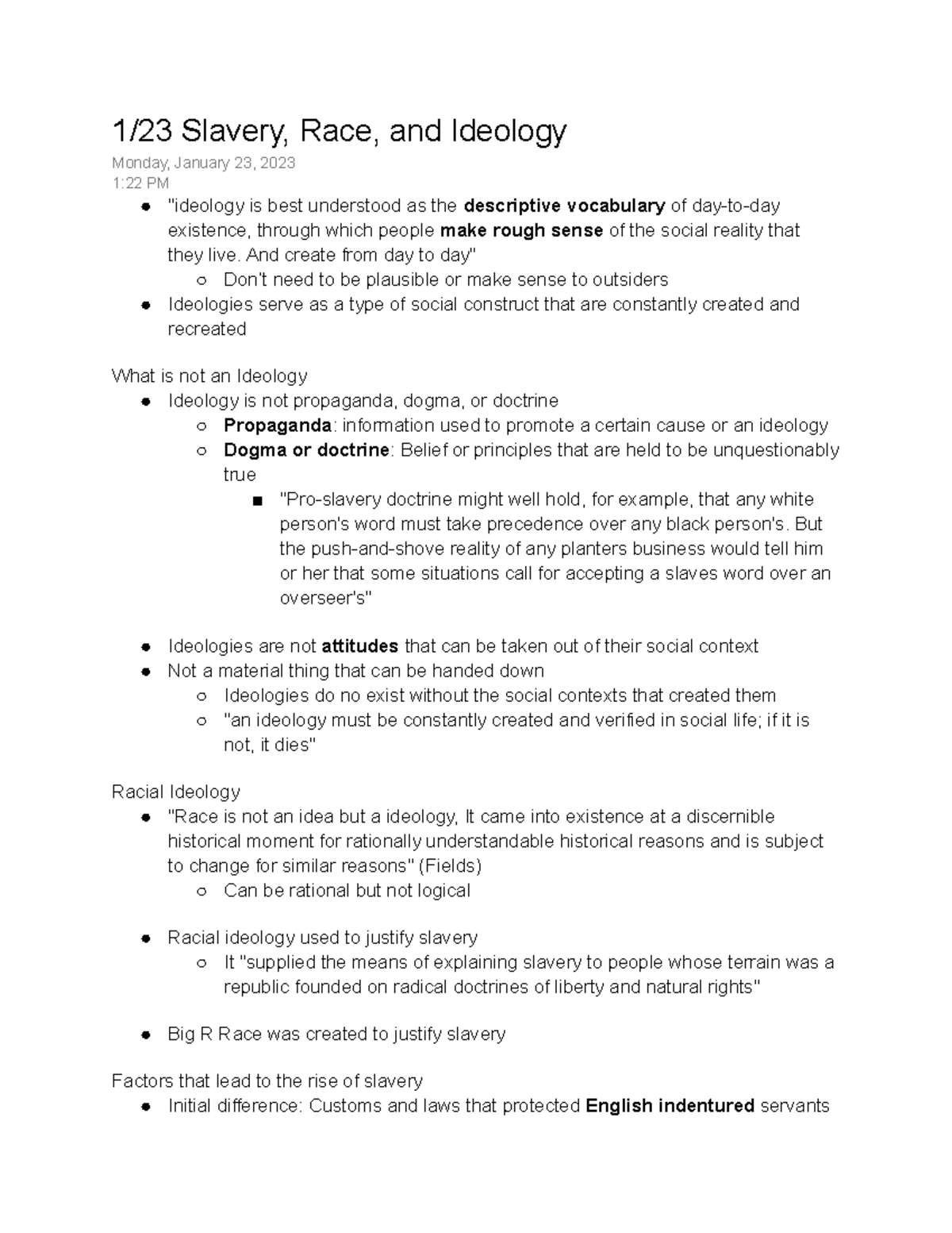 Slavery, Race, and Ideology - 1/23 Slavery, Race, and Ideology Monday ...