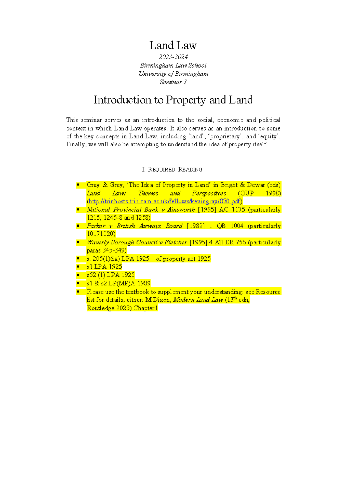 Seminar 1 - Introduction - Land Law 2023- Birmingham Law School ...