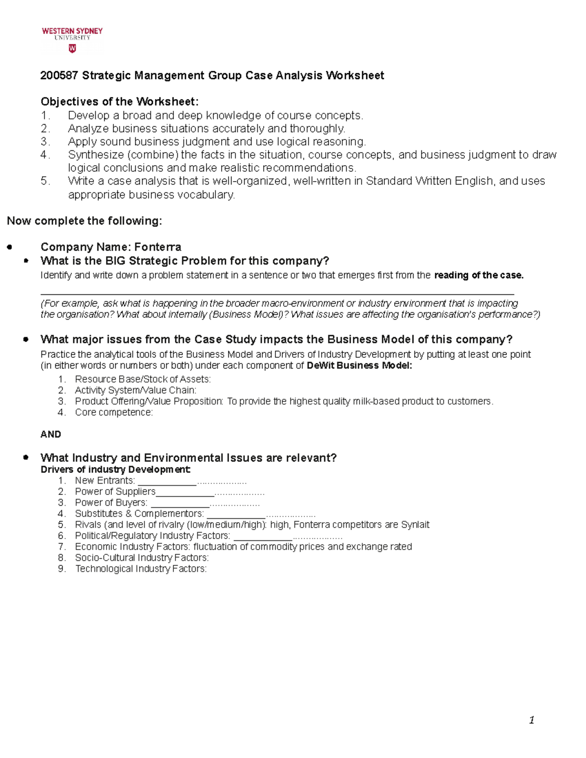 200587 Case Analysis sheet Fonterra - 200587 - UWS - Studocu
