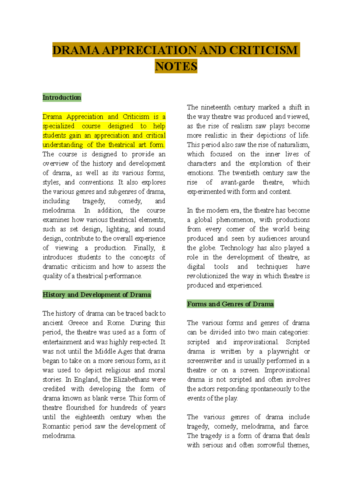 Drama Appreciation AND Criticism Notes - DRAMA APPRECIATION AND ...