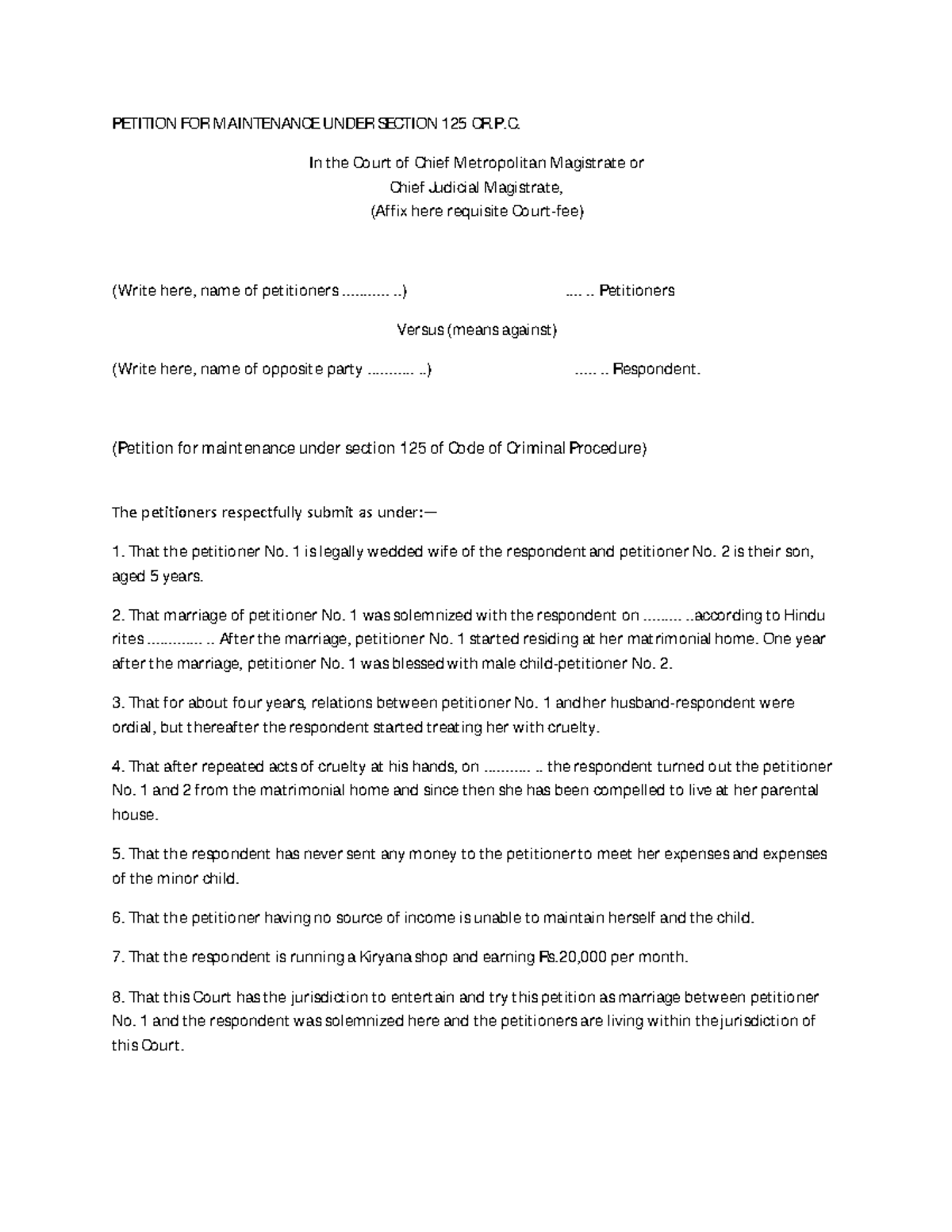 Petition for maintenance under section 125crpc - PETITION FOR M AINTENANCE UNDER SECTION 125 CR ...