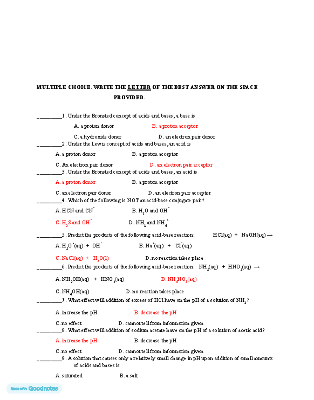 Acids and Bases - reviewer - MULTIPLE CHOICE. WRITE THE LETTER OF THE ...