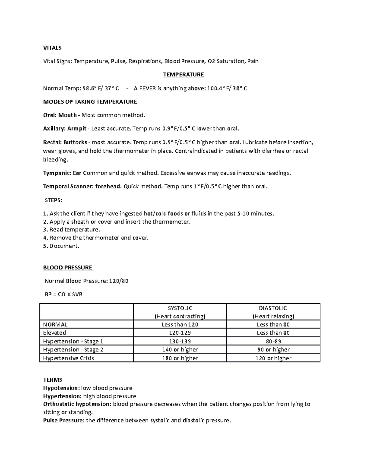 Exam 3 Study Guide - Normal Values - VITALS Vital Signs: Temperature ...