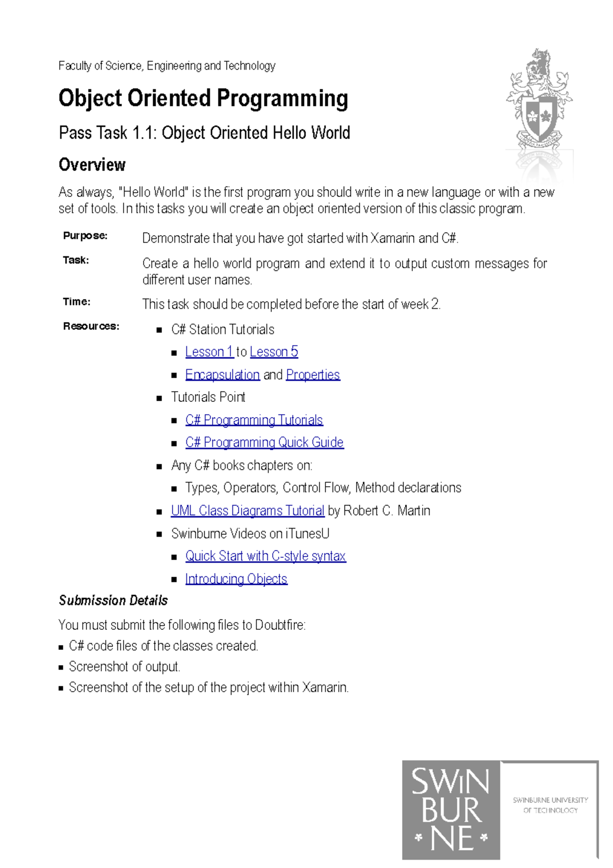1 - Faculty of Science, Engineering and Technology Object Oriented ...