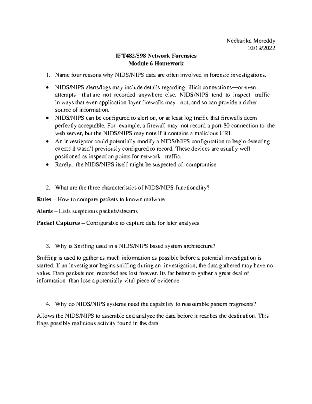 Module 6 Homework Intrusion Detection And Analysis Neeharika Mereddy 10 19 Ift482 598 Network