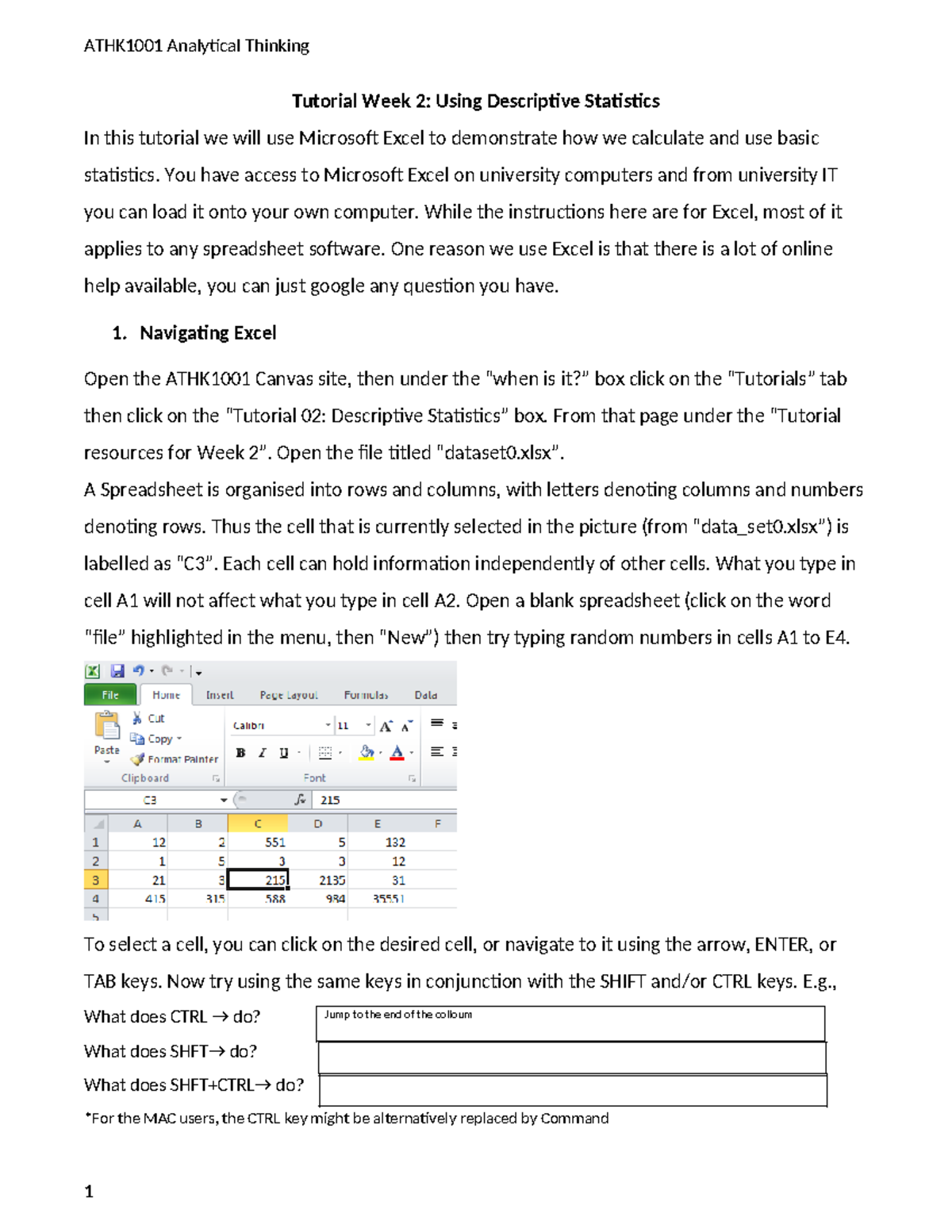 Week2 exel worksheet b - notes on lectures - ATHK1001 Analytical ...
