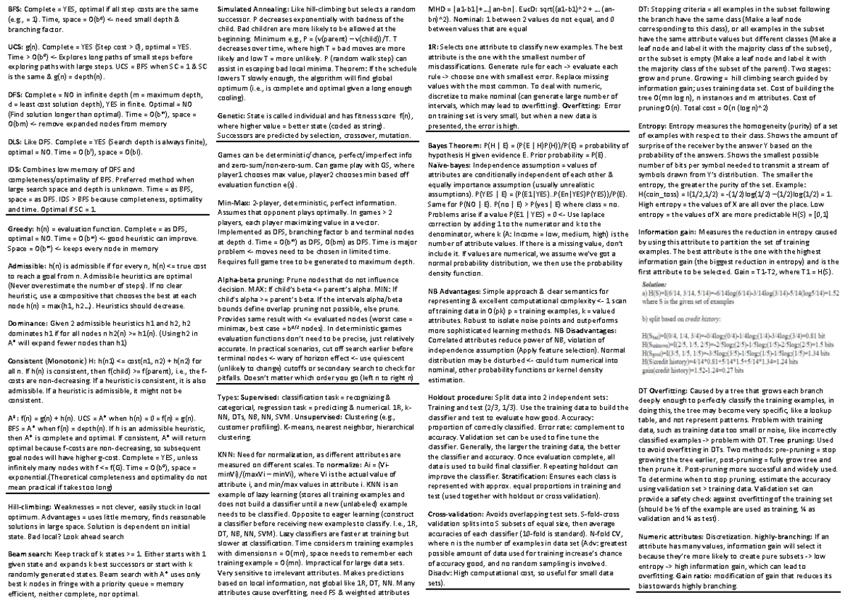 COMP3308 Cheat sheet - BFS: Complete = YES, optimal if all step costs ...