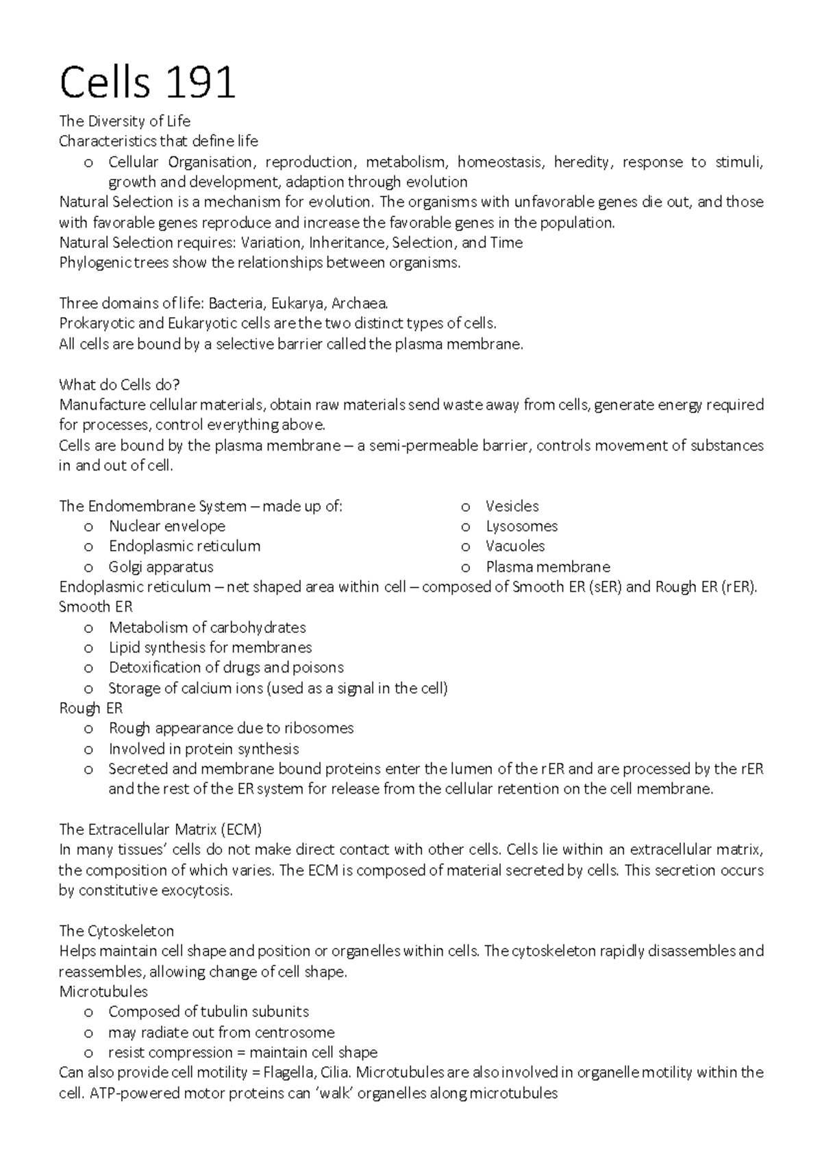 Cells 191 - Full lecture notes - Cells 191 The Diversity of Life ...