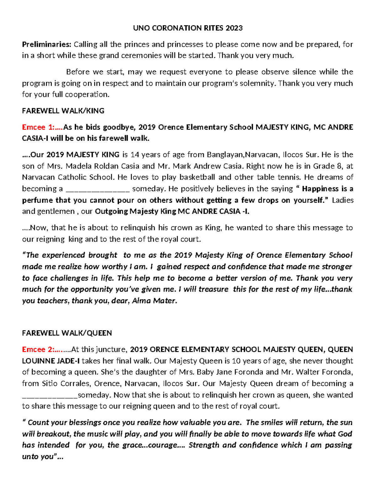 Script FOR Coronation Rites - UNO CORONATION RITES 2023 Preliminaries ...