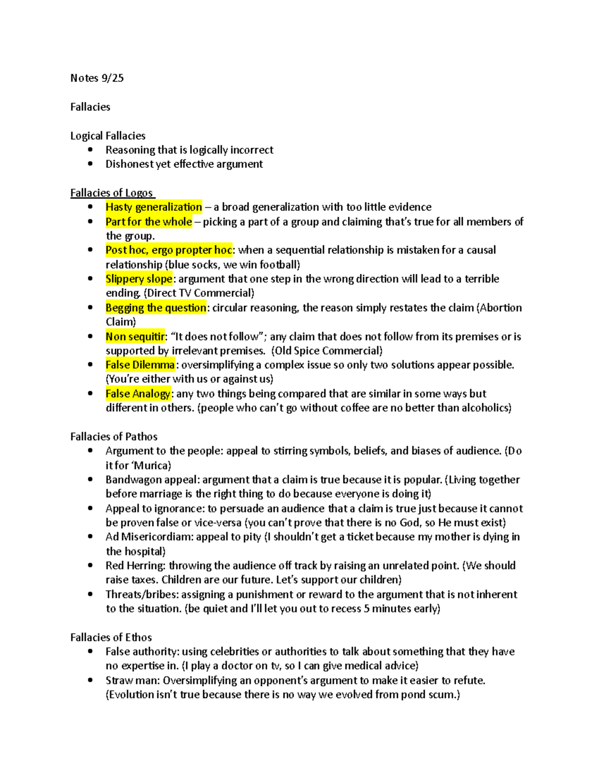 Notes from lectures - Notes 9/ Fallacies Logical Fallacies Reasoning ...