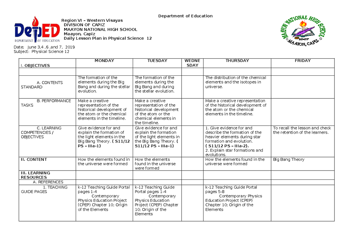 New Lesson Plan in Physical Science - Department of Education Region VI ...