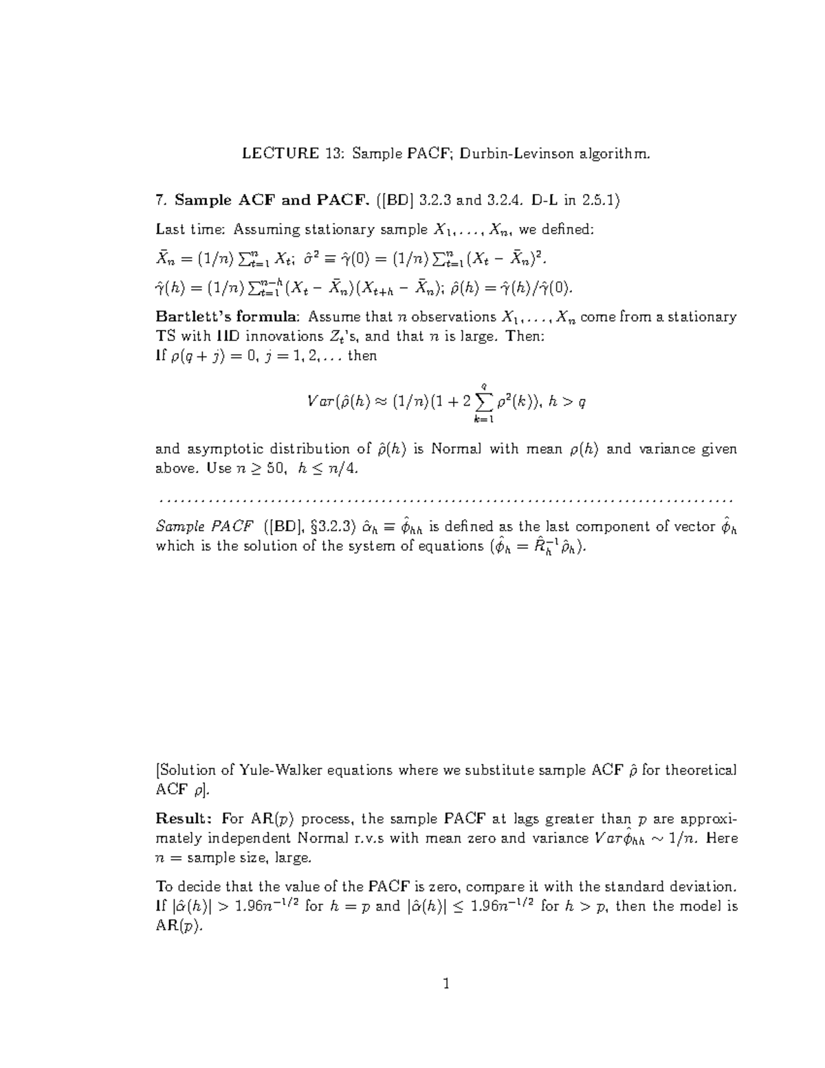 DL algorithm - LECTURE 13: Sample PACF; Durbin-Levinson algorithm. Sample ACF and PACF. ([BD] 3. ...