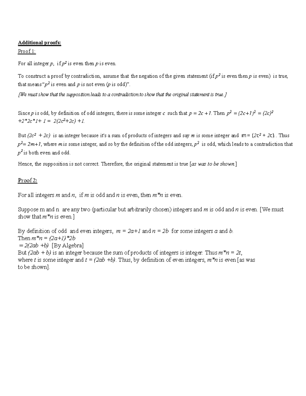 Additional Proofs-1 - Answer to assignments - Proof 2: For all integers m and n, if m is odd and ...