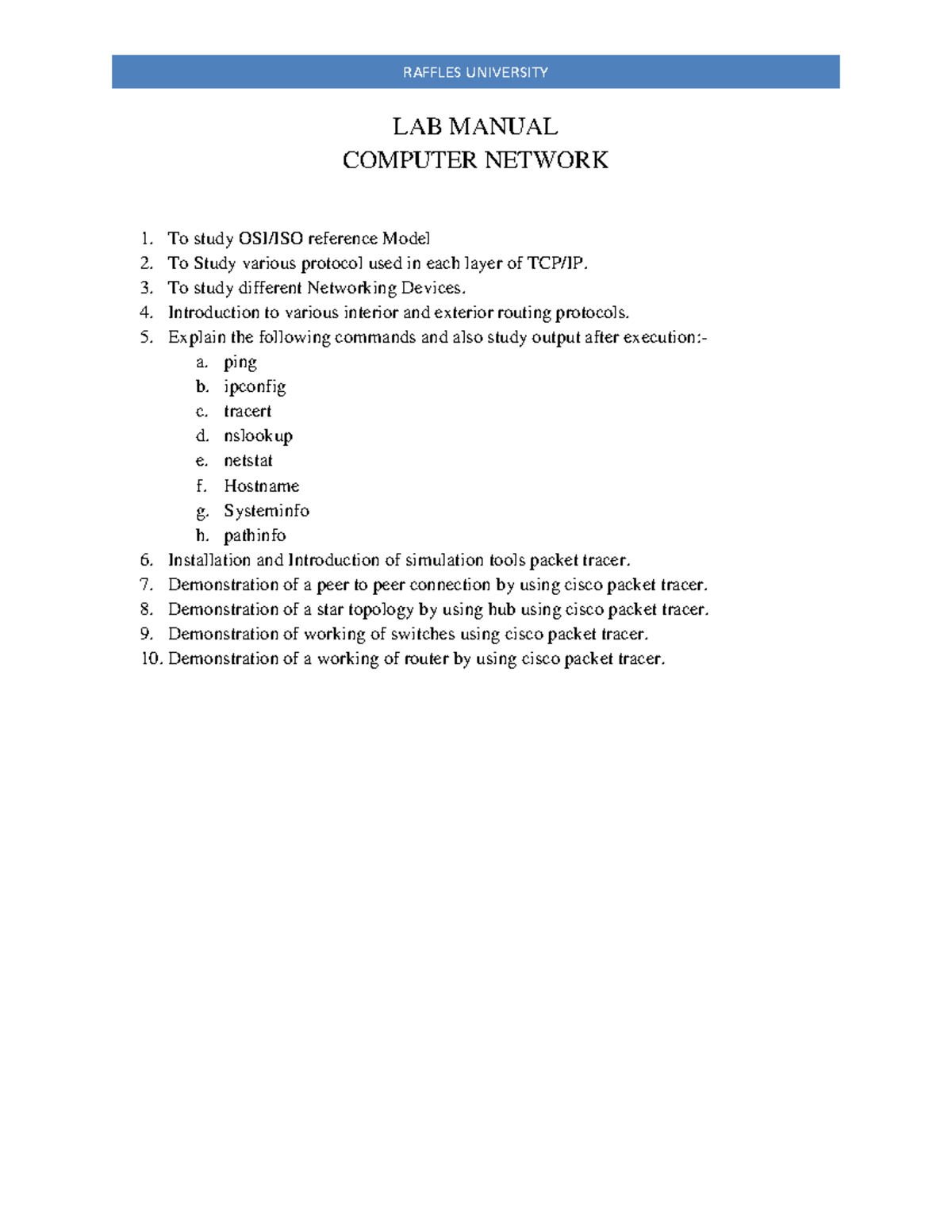 LAB Manual Computer Network - RAFFLES UNIVERSITY LAB MANUAL COMPUTER NETWORK To study OSI/ISO ...