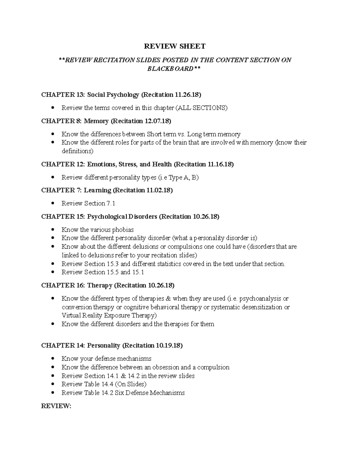 Final EXAM Review Sheet - REVIEW RECITATION SLIDES POSTED IN THE ...