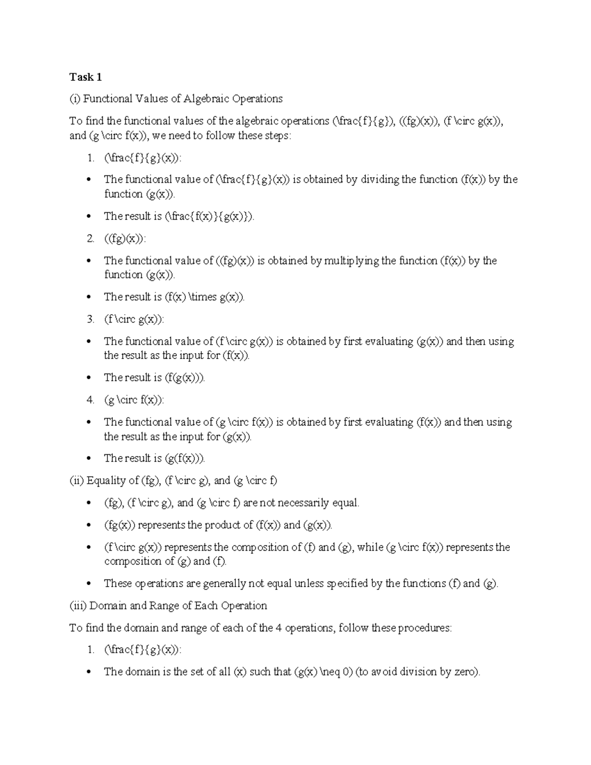 Maths Assignment Unit 1 - Task 1 (i) Functional Values of Algebraic Operations To find the - Studocu