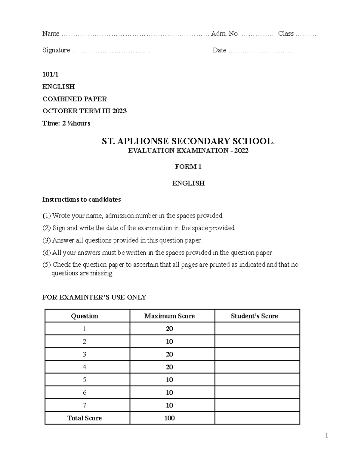 English FORM 1 Questions - Name