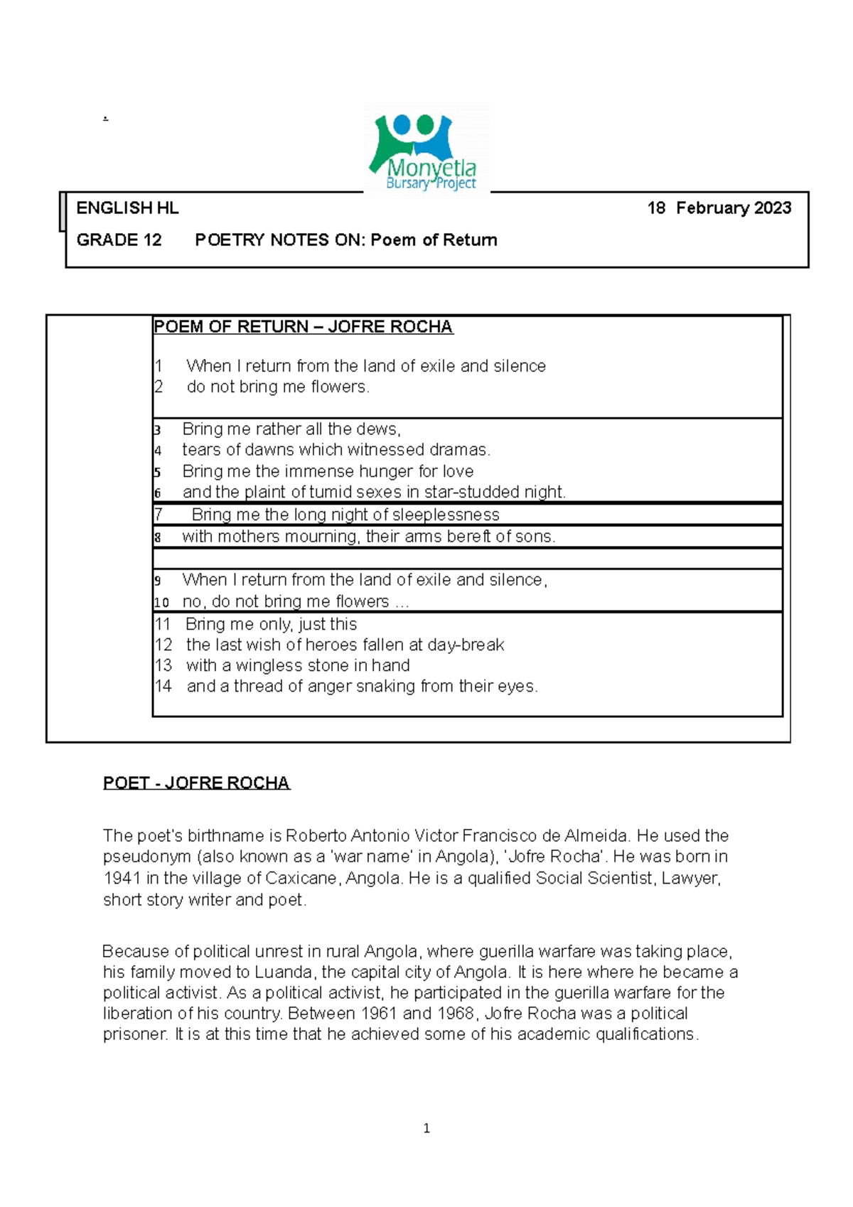 Poem-of-Return - Poetry - . Poem of Return Jofre Rocha POEM OF RETURN ...