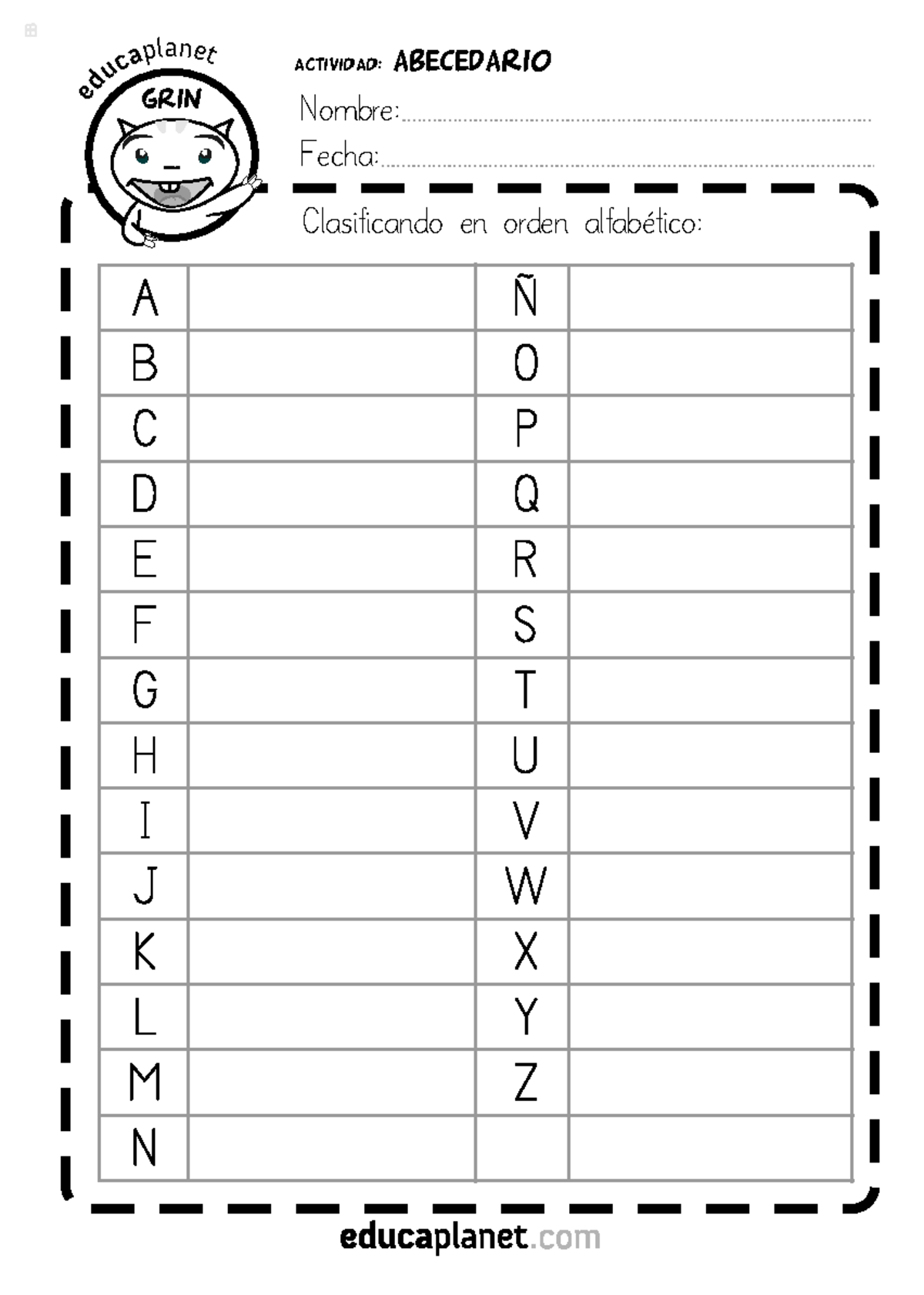 Abecedario orden alfabetico educaplanet - A B C D E F G H I J K L M N ...