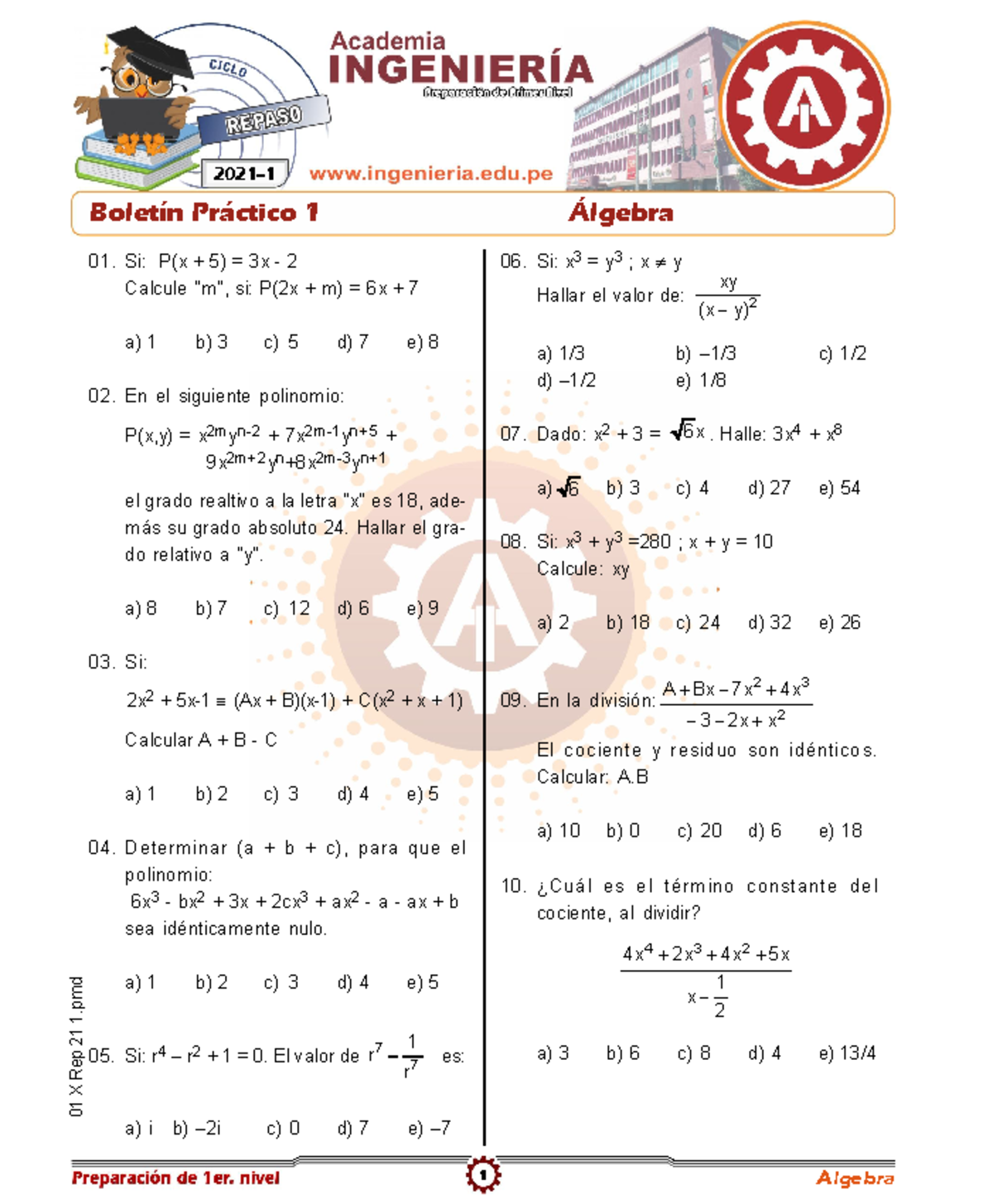 Álgebra 1ra semana - problemas de algebra - 1 01 X Rep 21 1 Ciclo ...