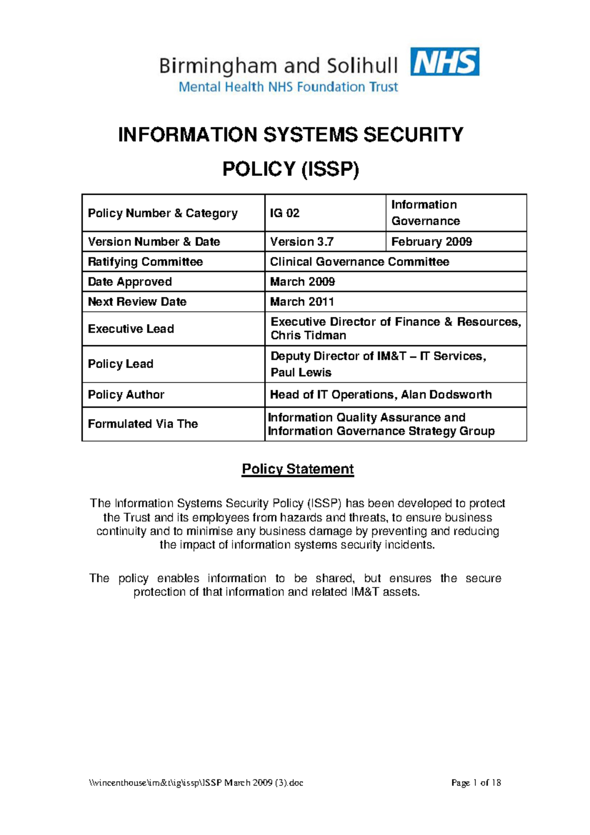 Information systems policy - INFORMATION SYSTEMS SECURITY POLICY (ISSP ...
