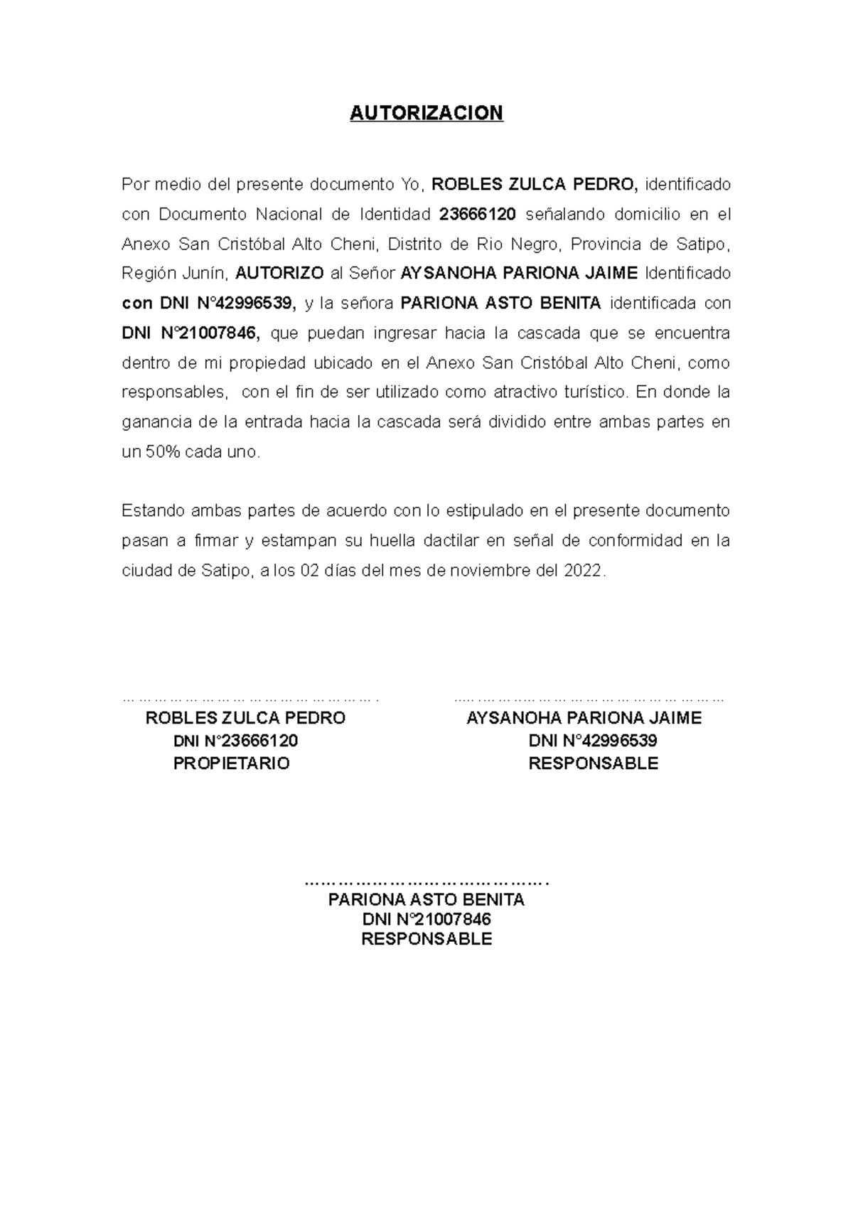 Autorizacion - AUTORIZACION Por medio del presente documento Yo, ROBLES ...
