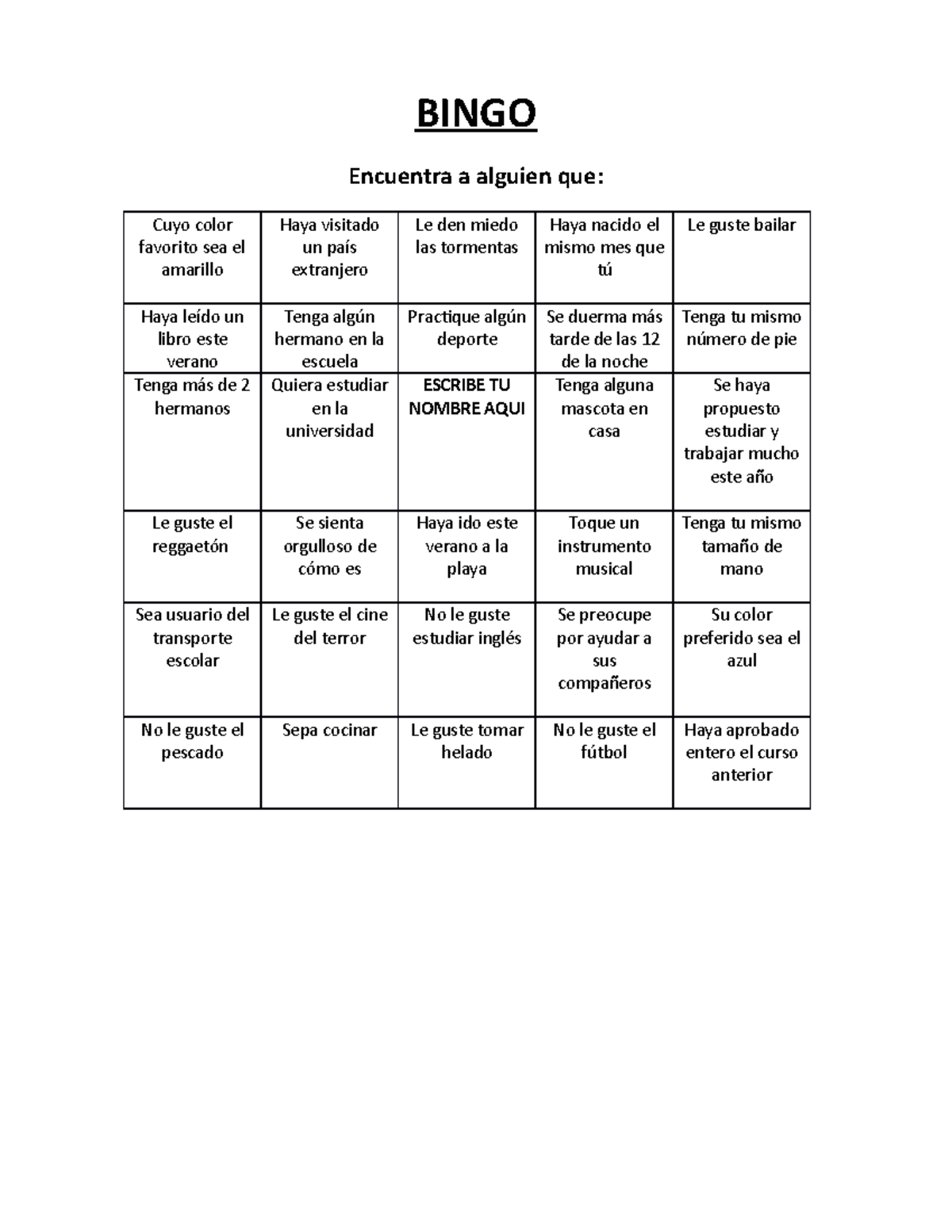 Bingo PARA Conocer A TUS Compañeros - BINGO Encuentra a alguien que ...