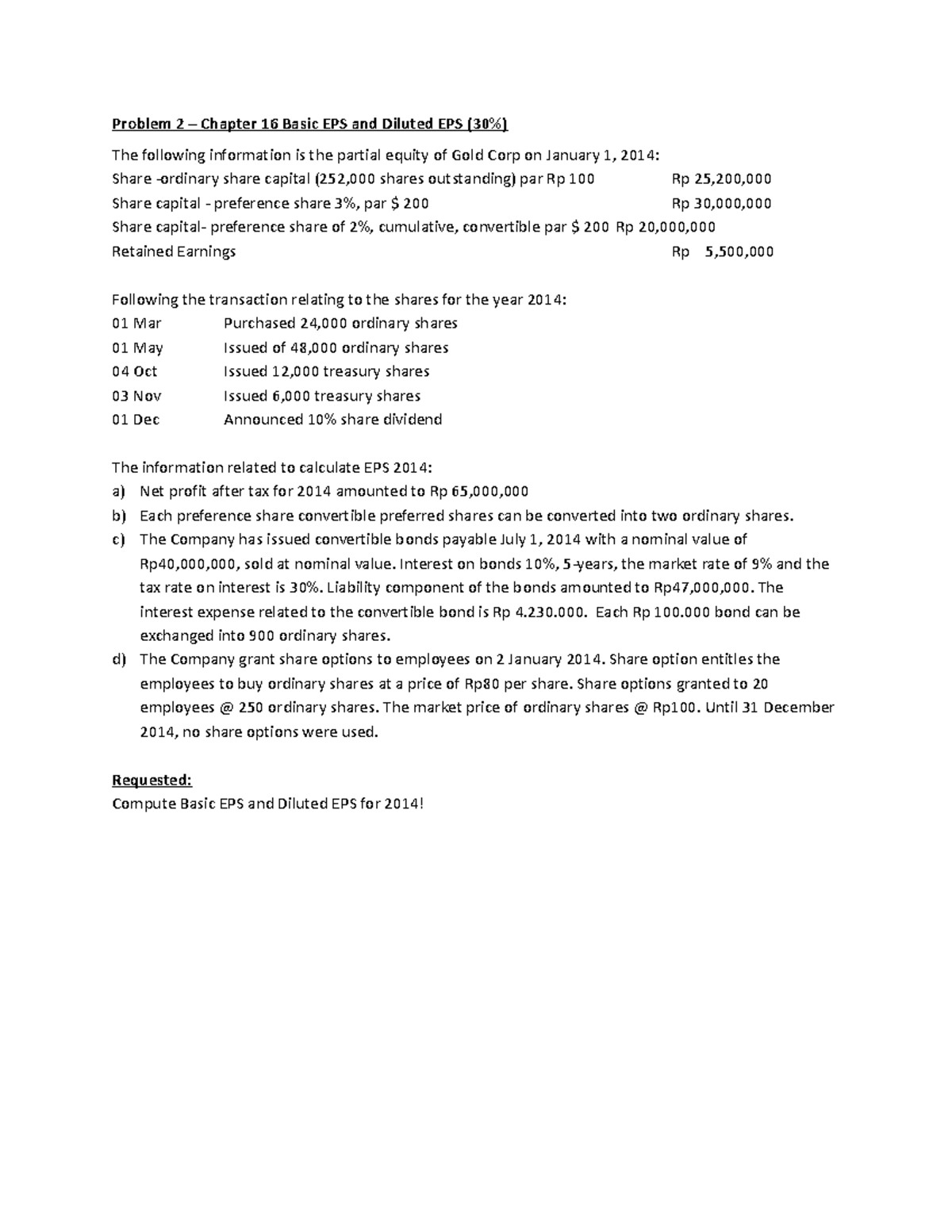 Latihan EPS - Problem 2 – Chapter 16 Basic EPS and Diluted EPS (30% ...