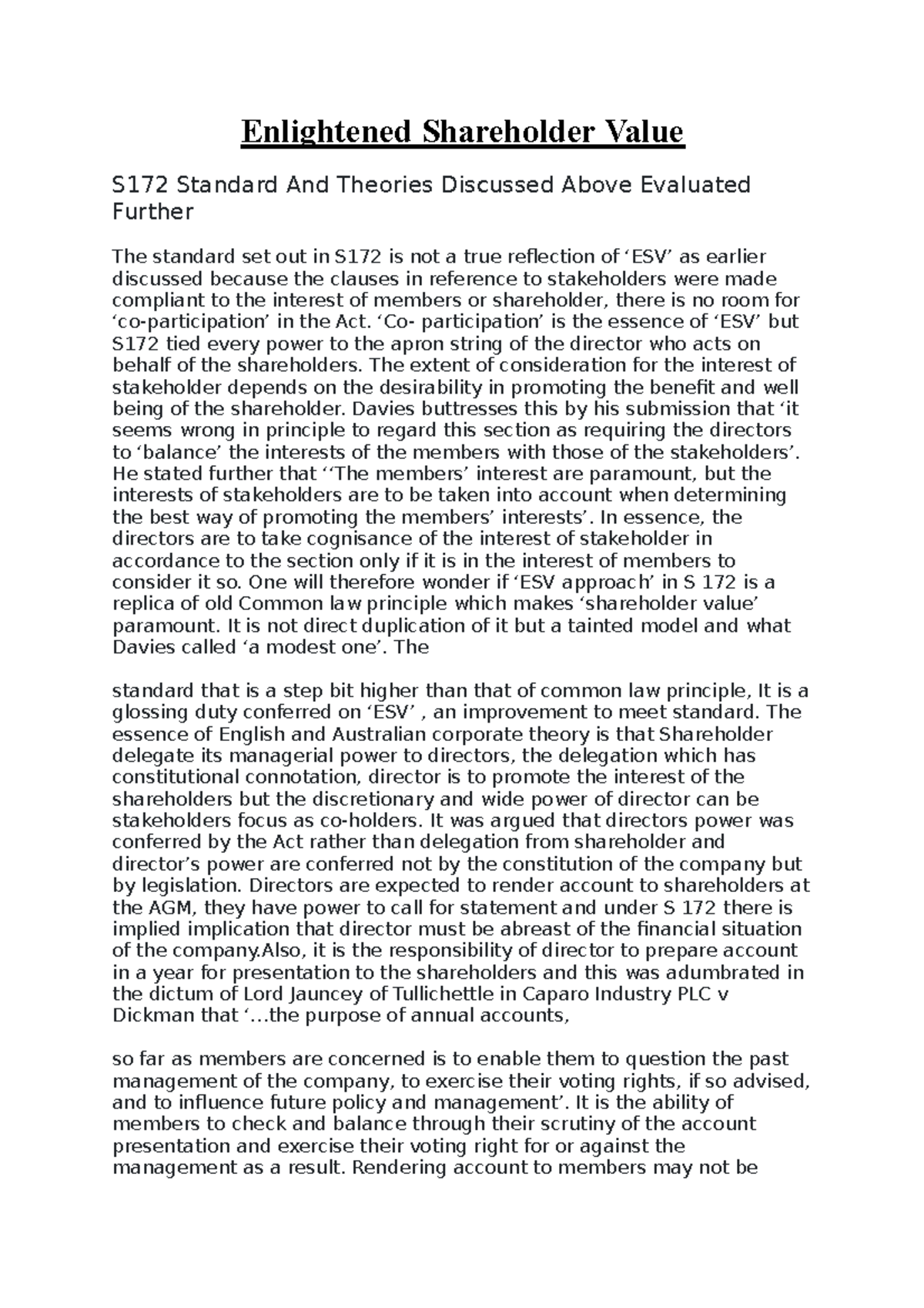 Enlightened Shareholder Value S172 Standard And Theories Discussed ...