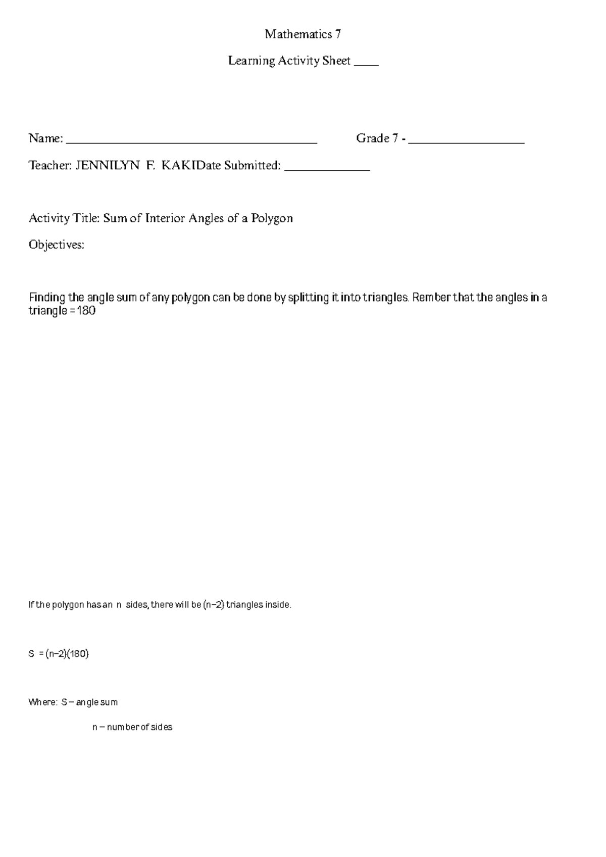 Sum of Interior Angles - Mathematics 7 Learning Activity Sheet ...